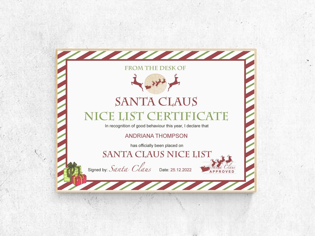 Editable Santa Claus Nice List Certificate From Desk Christmas Eve Boy ...