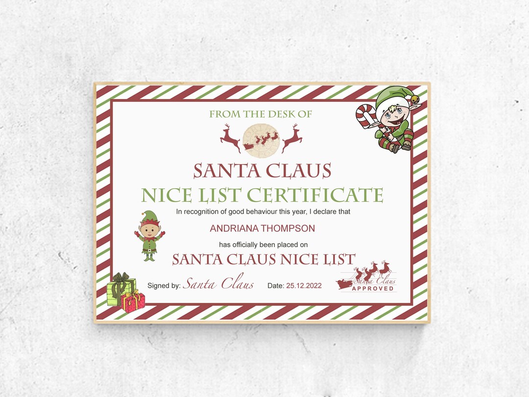 Editable Santa Claus Nice List Certificate From Desk Christmas Eve ...