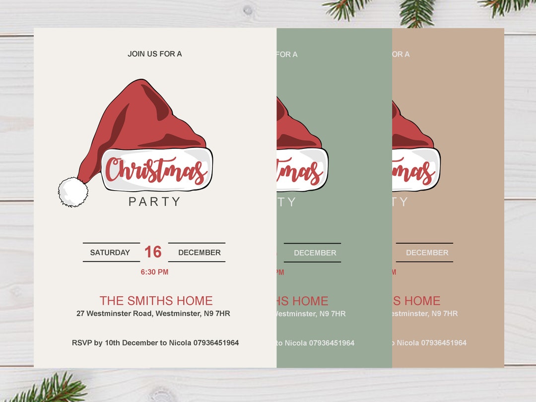 Editable Christmas Party Invitation, Santa Hat (PDF Adobe Reader) - Etsy