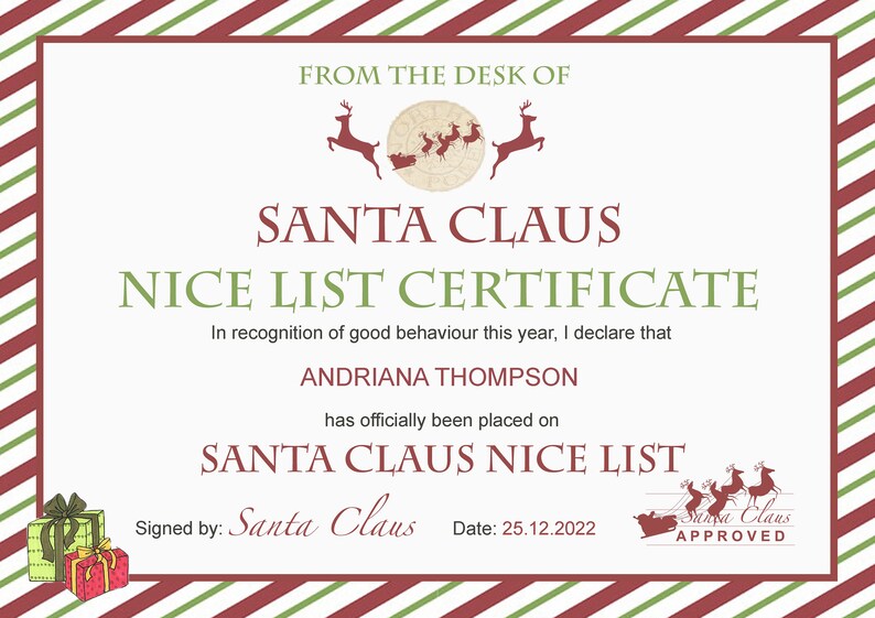 Editable Santa Claus Official Nice List Certificate Letter From Desk ...