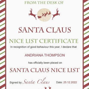 Editable Santa Claus Official Nice List Certificate Letter From Desk ...
