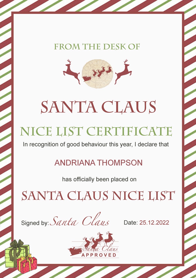 Editable Santa Claus Official Nice List Certificate Letter From Desk ...