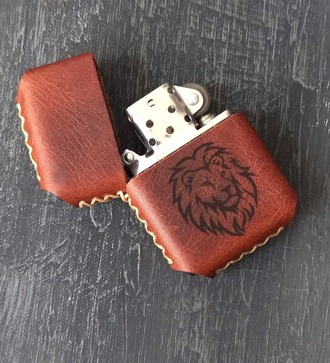 Personalized Leather Zippo Cover With Laser Engraved Figure ,fullgrain ...