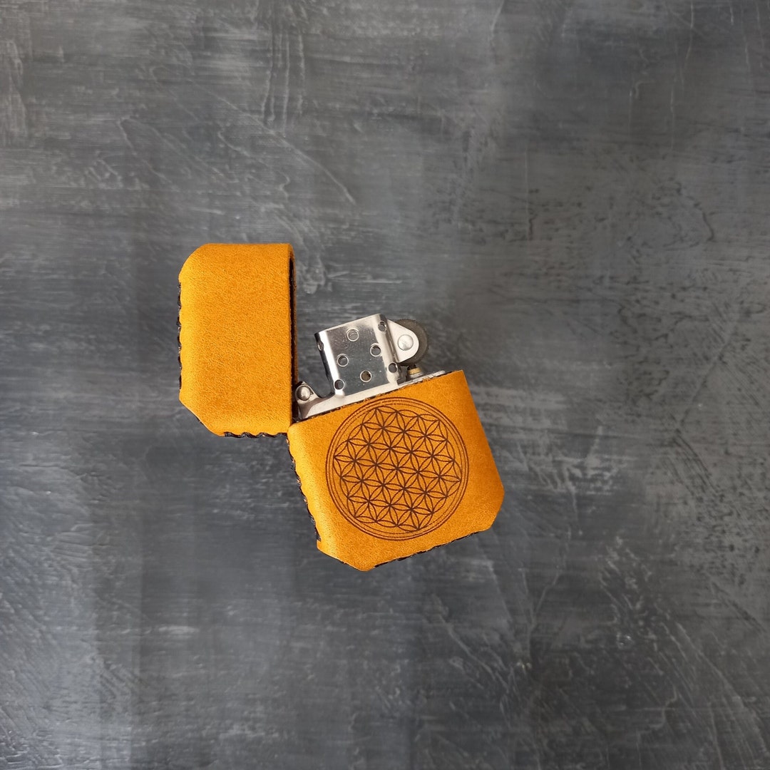 Custom Leather Zippo Cover With Laser Engraved Flower of Life Symbol ...