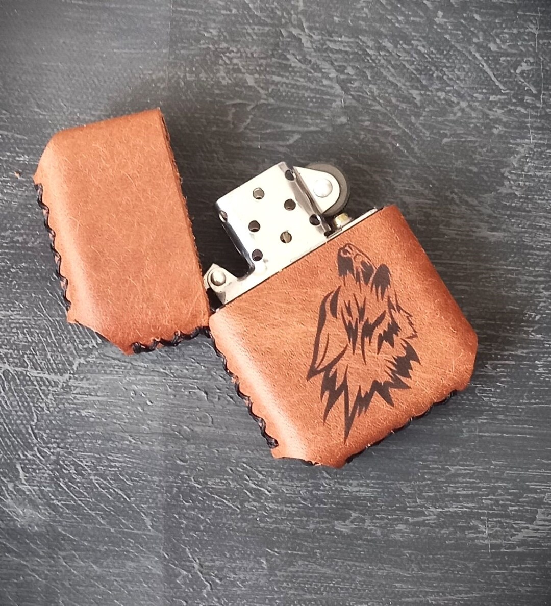 Personalized Leather Zippo Cover With Laser Engraved Wolf Figure ...