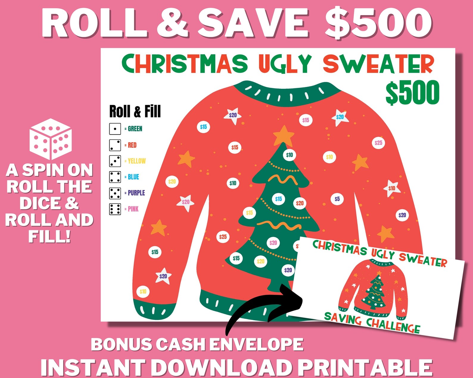 Christmas Holiday Ugly Sweater PRINTABLE Roll the Dice Cash - Etsy