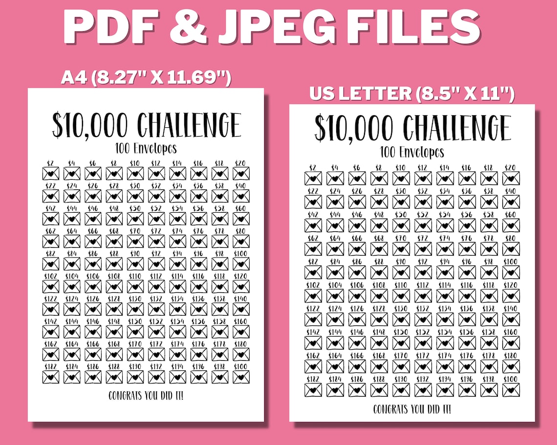 10K 100 ENVELOPE CHALLENGE Printable, 10000 Saving Tracker, 10K Saving ...