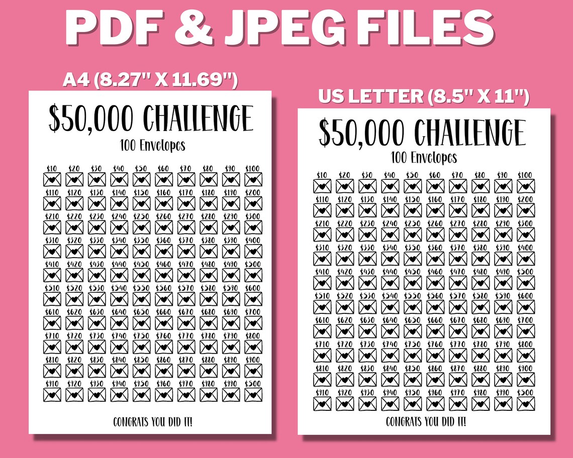 50K 100 ENVELOPE CHALLENGE Printable 50000 Saving Tracker - Etsy 50K 100 ENVELOPE CHALLENGE Printable 50000 Saving Tracker - Etsy