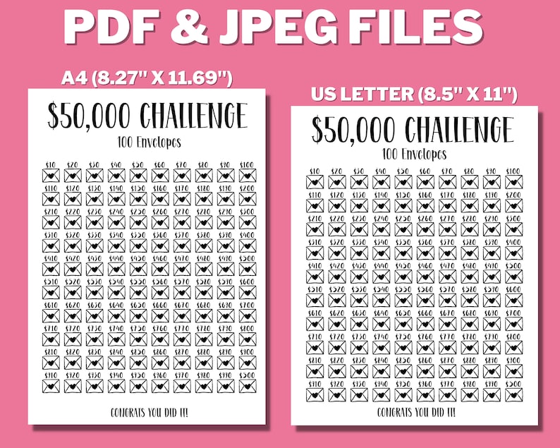 50K 100 ENVELOPE CHALLENGE Printable , 50,000 Saving Tracker, 50K ...