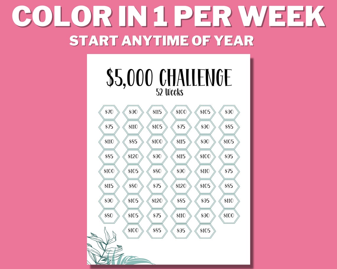 5K 52 Week Savings Challenge Printable 5000 in 1 Year 5K - Etsy