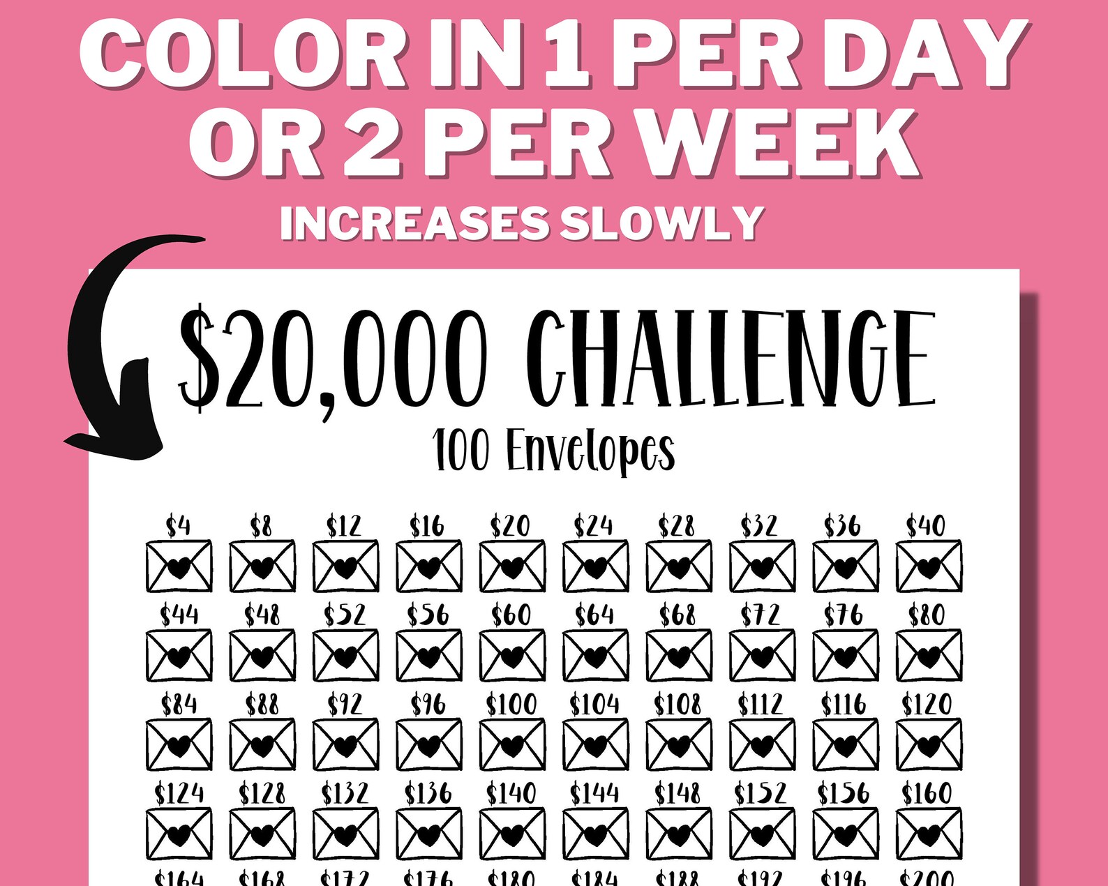 20K 100 ENVELOPE CHALLENGE Printable, 20,000 Saving Tracker, 20K ...