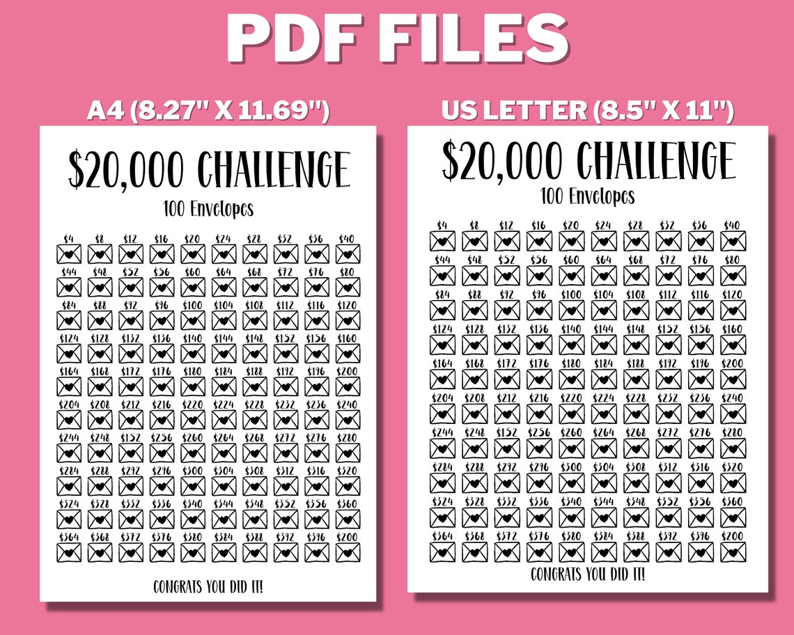 20K 100 ENVELOPE CHALLENGE Printable 20000 Saving Tracker - Etsy