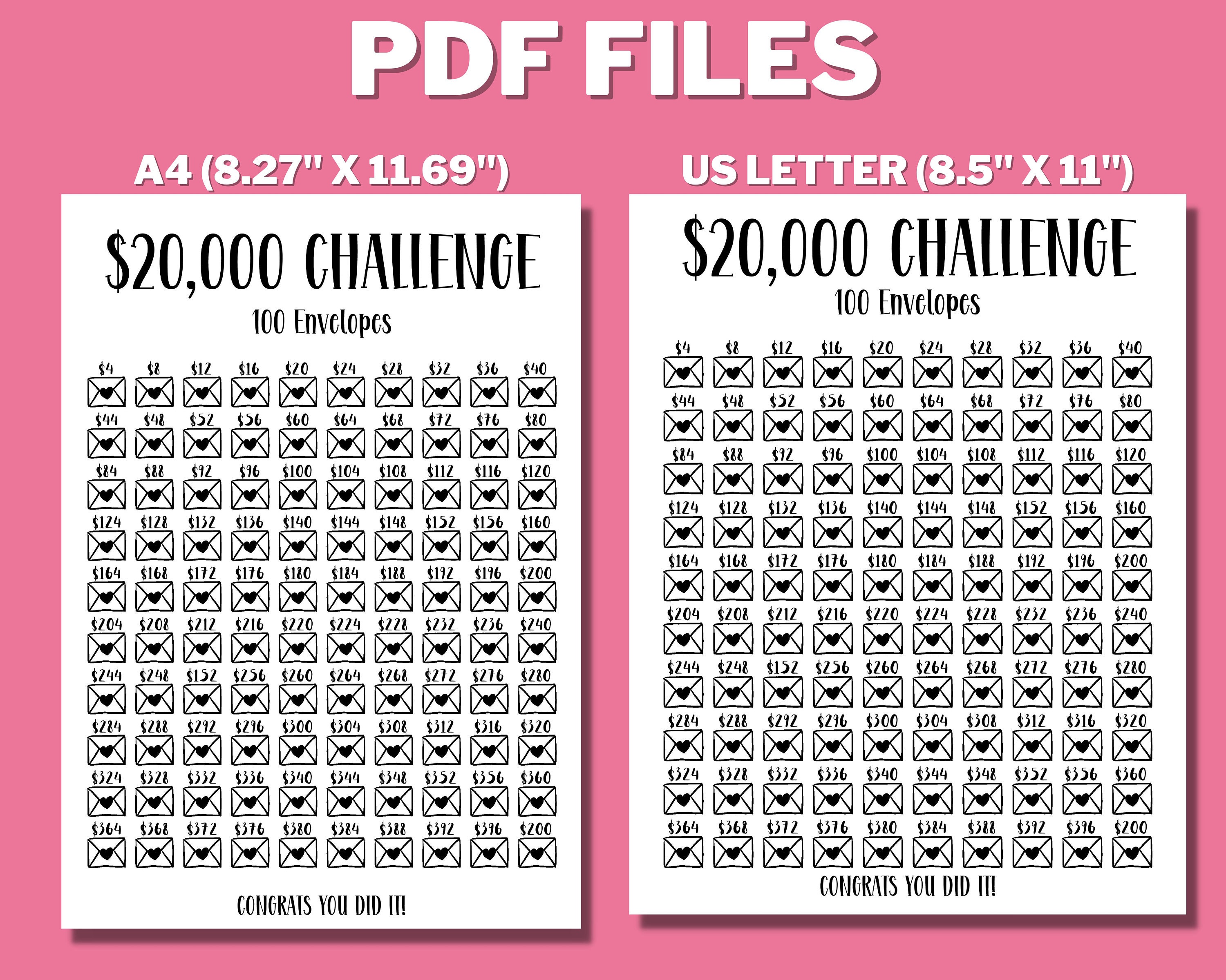 20K 100 ENVELOPE CHALLENGE Printable, 20,000 Saving Tracker, 20K ...
