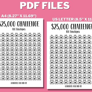 25K 100 Envelope Challenge Printable, 25,000 Saving Tracker, 25K ...