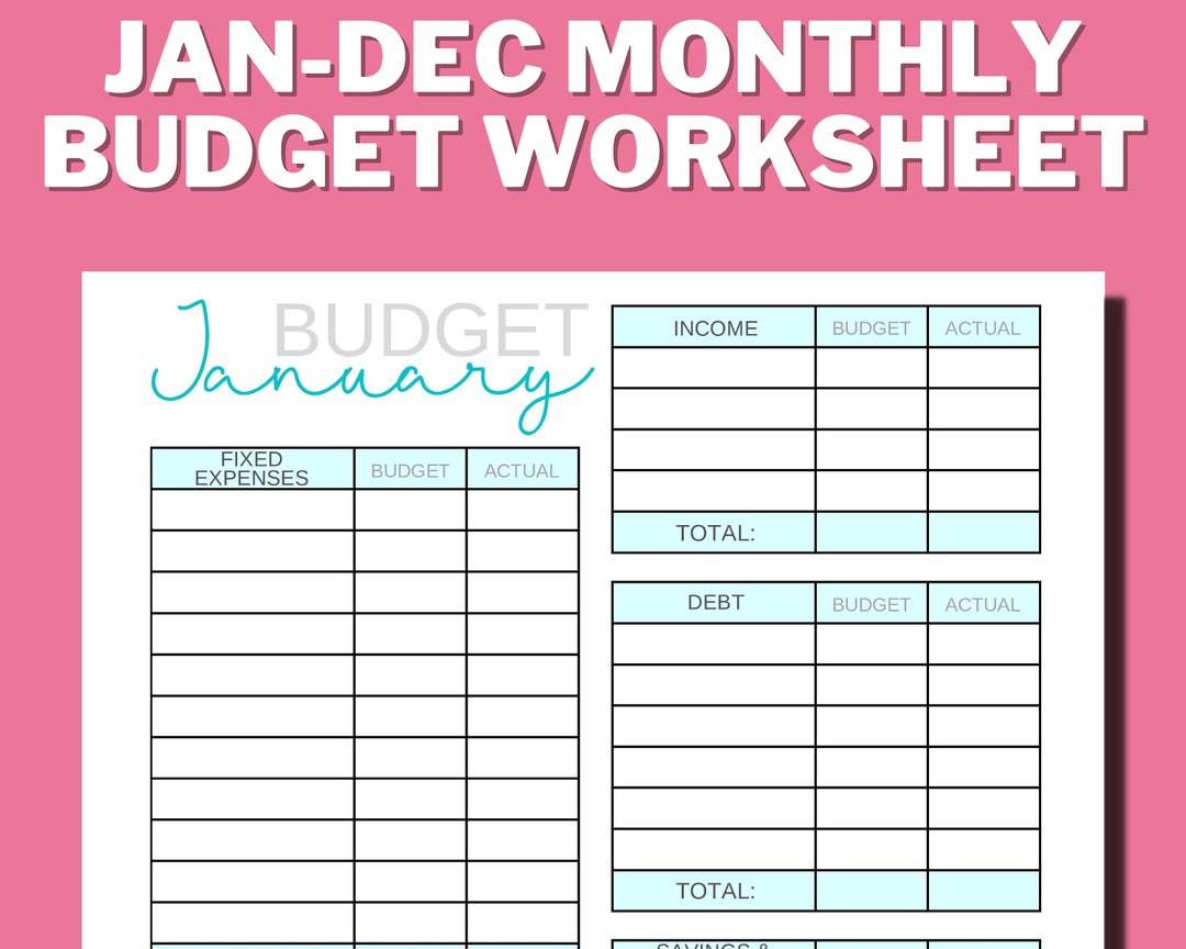 PRINTABLE 12 Month Budget Planner, Monthly Budget Sheet, Financial ...