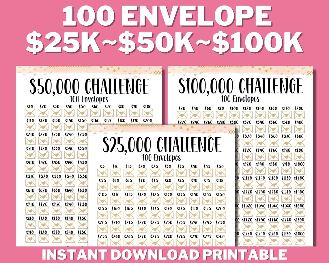 25K50K100K 100 Envelope Challenge Bundle PRINTABLE Saving - Etsy