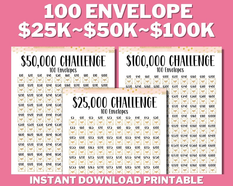 25K~50K~100K 100 Envelope Challenge Bundle PRINTABLE, Saving Tracker ...