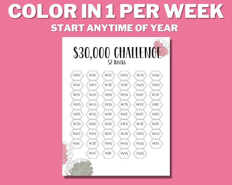 30K 52 Week Savings Printable, 30,000 Saving Tracker, 30K Challenge, 1 ...