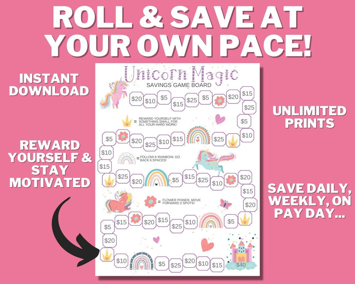Unicorn Money Savings Challenge PRINTABLE, Roll the Dice, Money ...