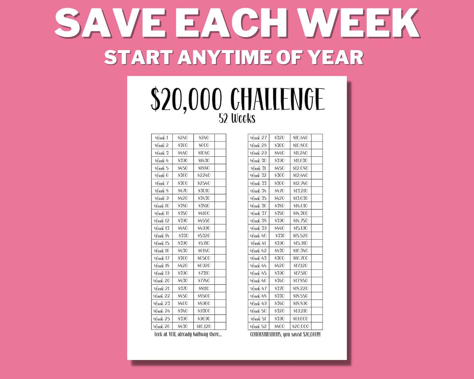 20K 52 Week Saving Challenge Printable 20000 in 1 Year House - Etsy