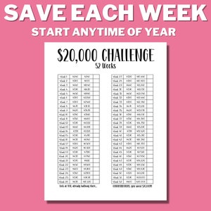 20K 52 Week Saving Challenge Printable, 20000 in 1 Year, House Savings ...