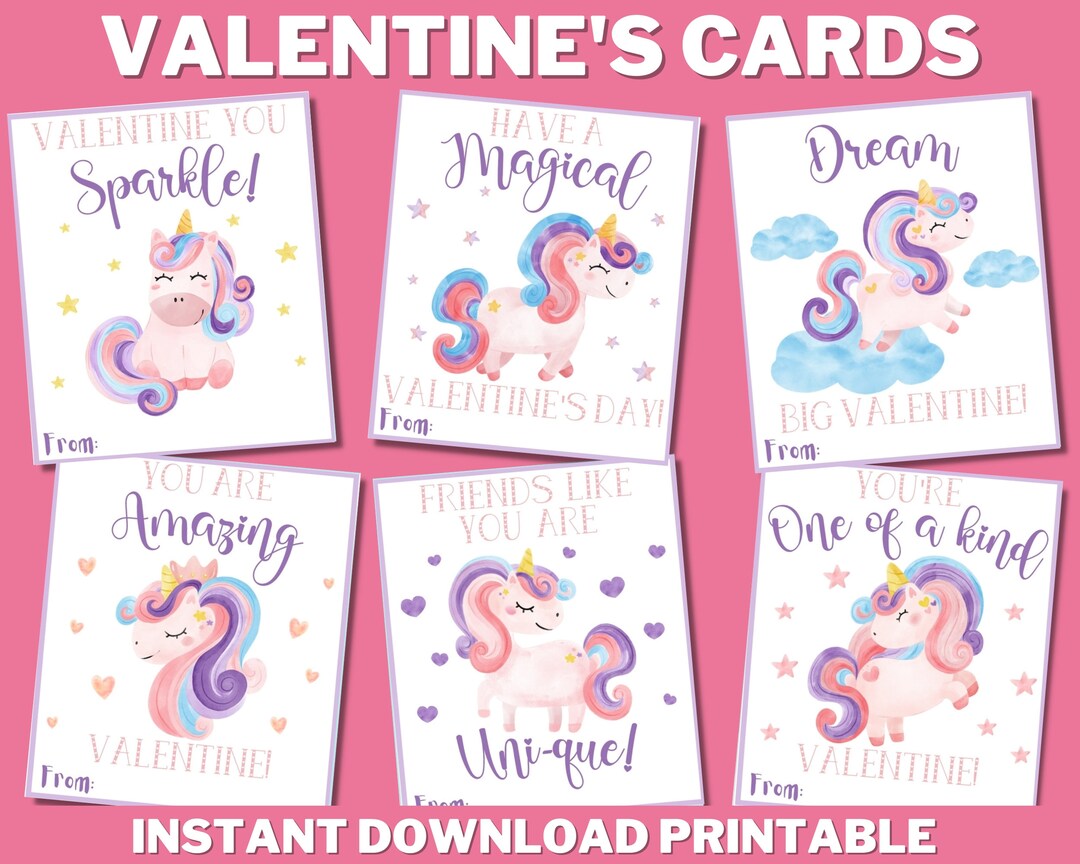 Rainbow Unicorn Valentine's Day Cards for Kids PRINTABLE, Unicorn ...