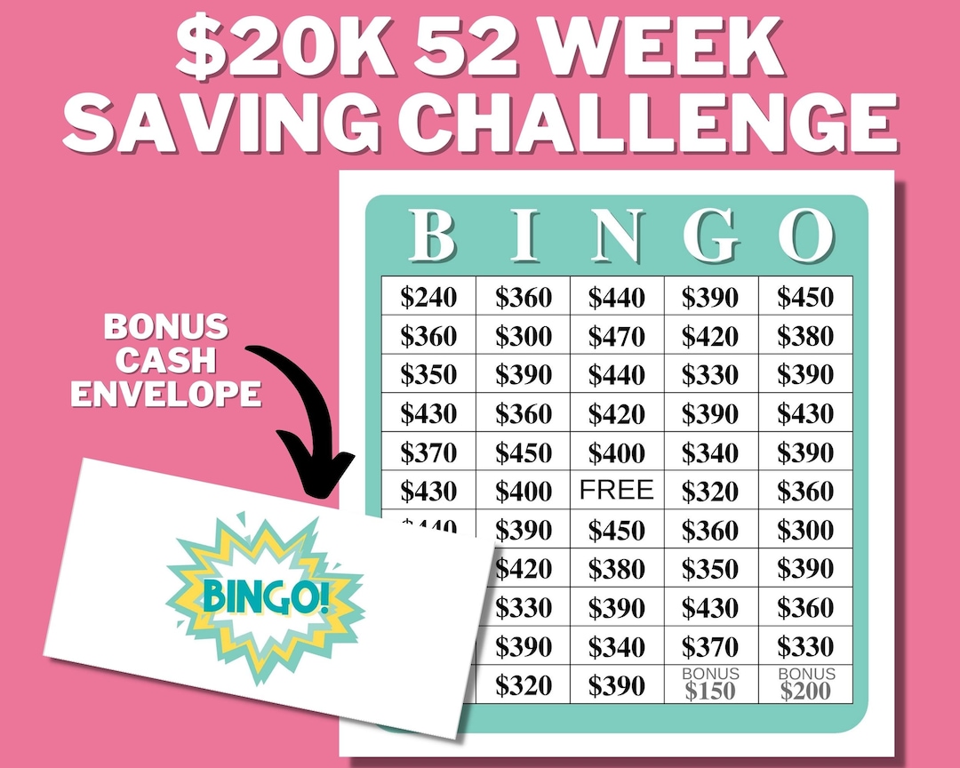 20K 52 Week Saving Challenge PRINTABLE, Blackout Bingo, 20000 in 1 Year ...