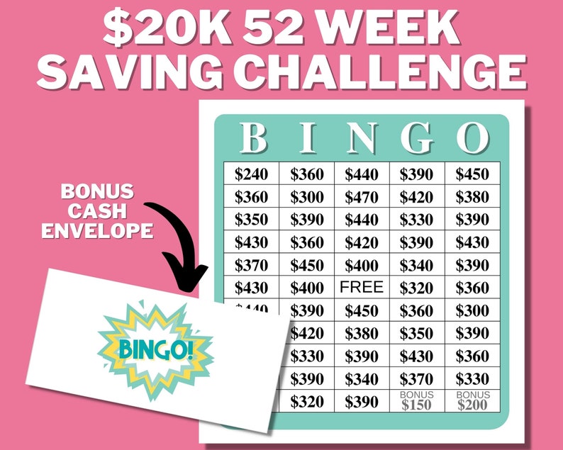 20K 52 Week Saving Challenge PRINTABLE Blackout Bingo 20000 - Etsy
