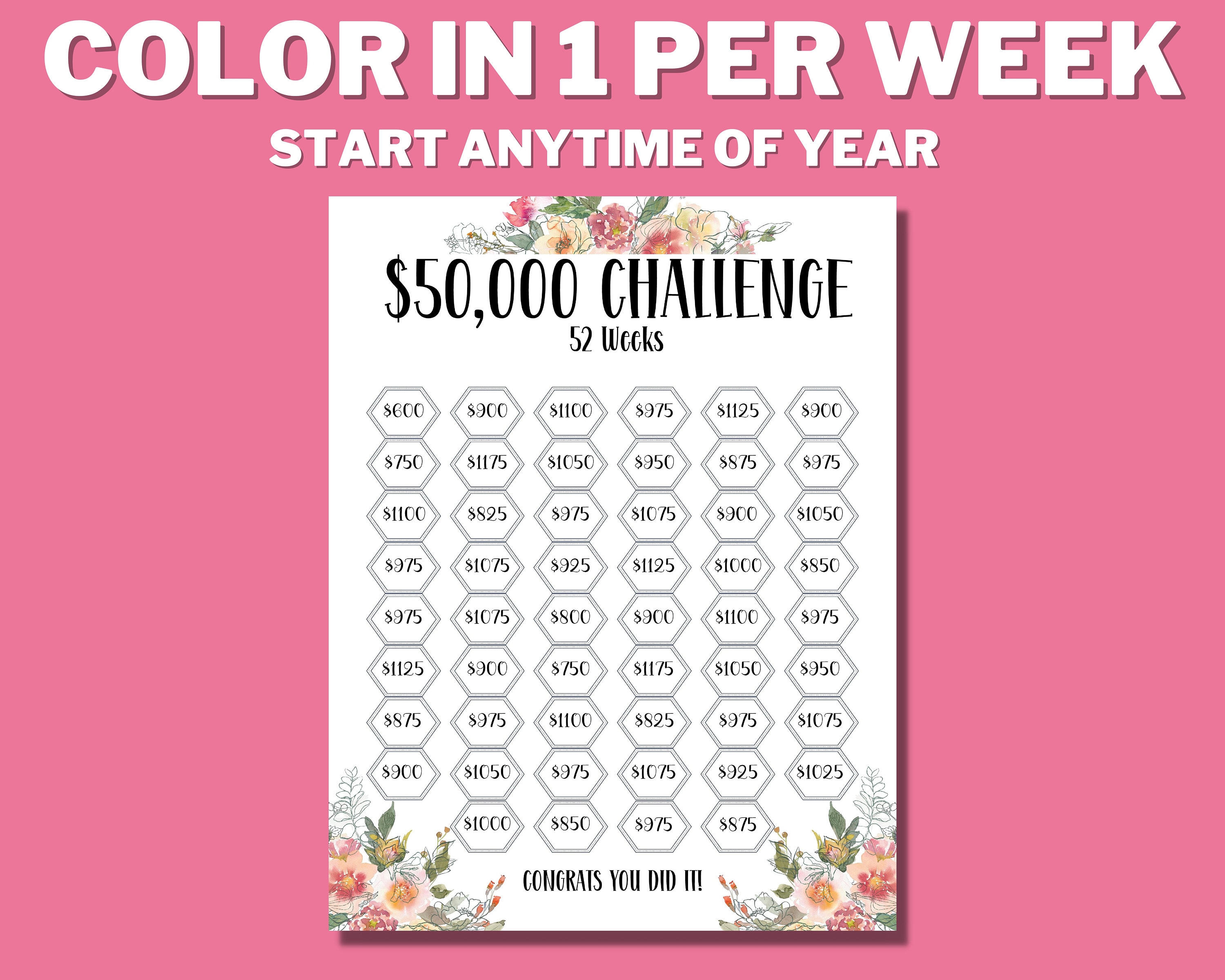 50K 52 Week Saving Challenge Printable, 50,000 Saving Tracker, 50K ...