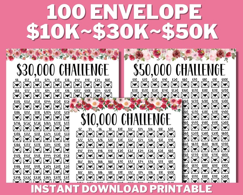 10K~30K~50K 100 Envelope Challenge Bundle PRINTABLE, Saving Tracker ...