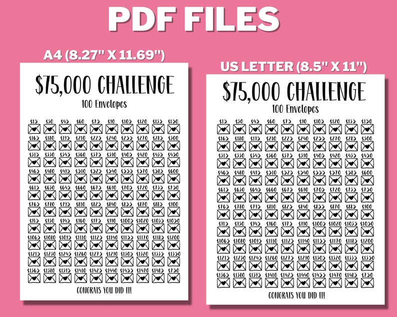 75K 100 ENVELOPE CHALLENGE Printable , 75,000 Saving Tracker, House ...