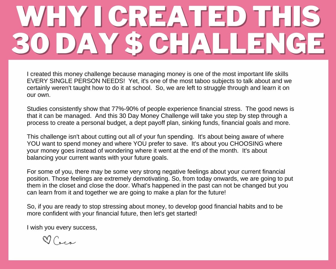 30 Day Money Challenge PRINTABLE, Financial Plan, Money Management ...