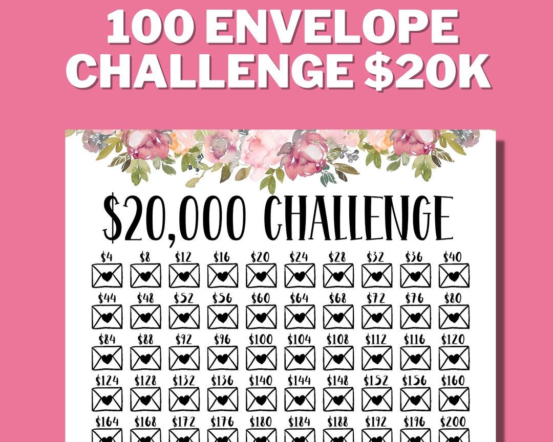 20K 100 ENVELOPE CHALLENGE Printable, 20,000 Saving Tracker, 20K ...