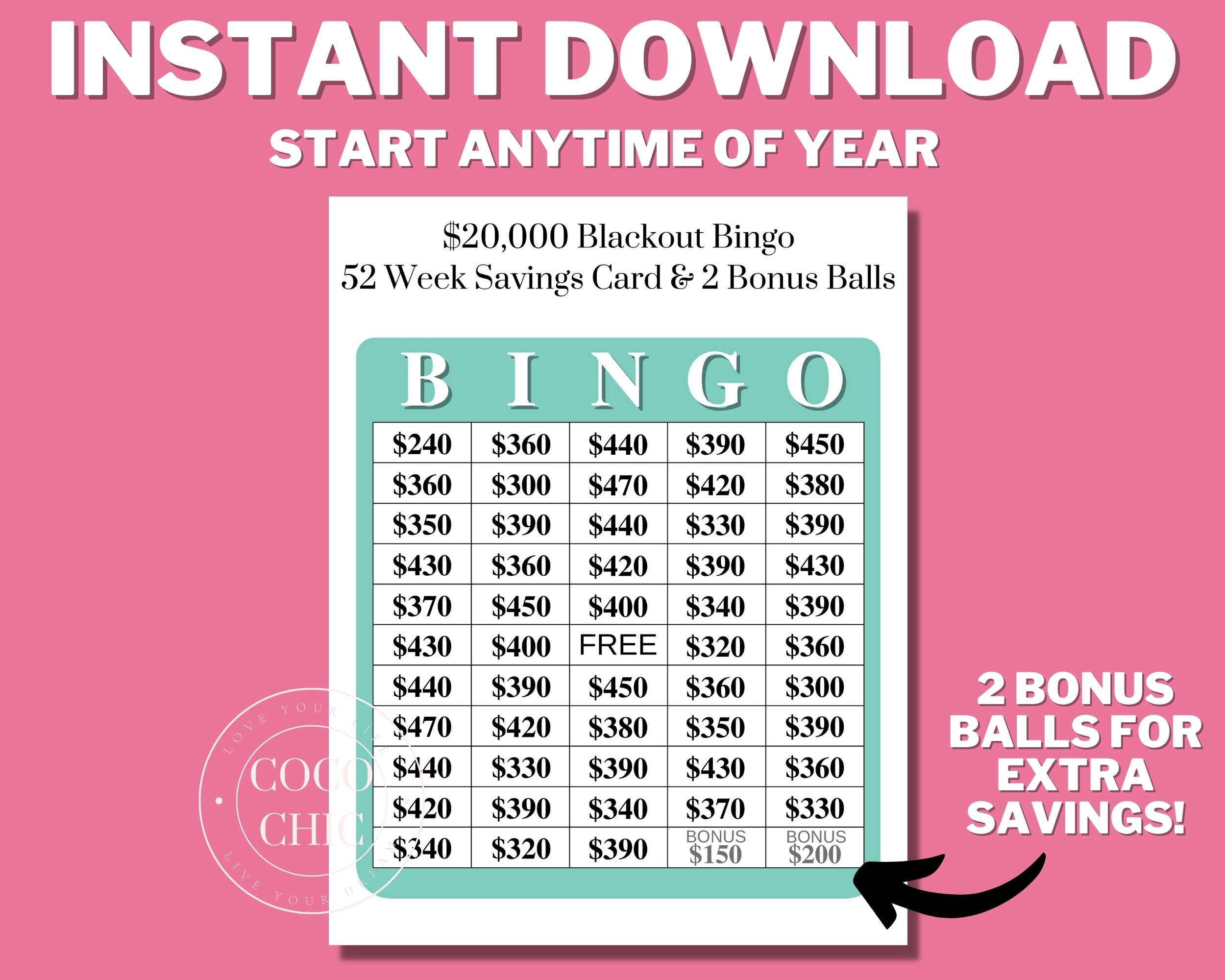 20K 52 Week Saving Challenge PRINTABLE Blackout Bingo 20000 - Etsy