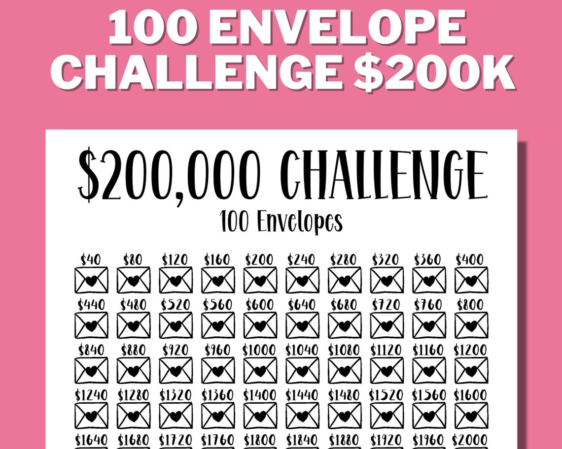 200K 100 Envelope Challenge PRINTABLE, 200000 Saving Tracker, 200K ...