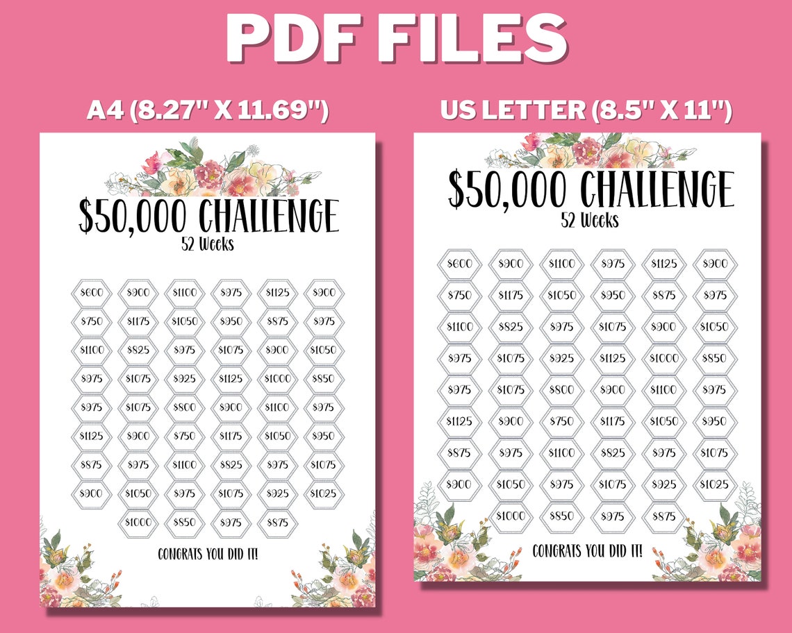 50K 52 Week Saving Challenge Printable 50000 Saving Tracker - Etsy Canada