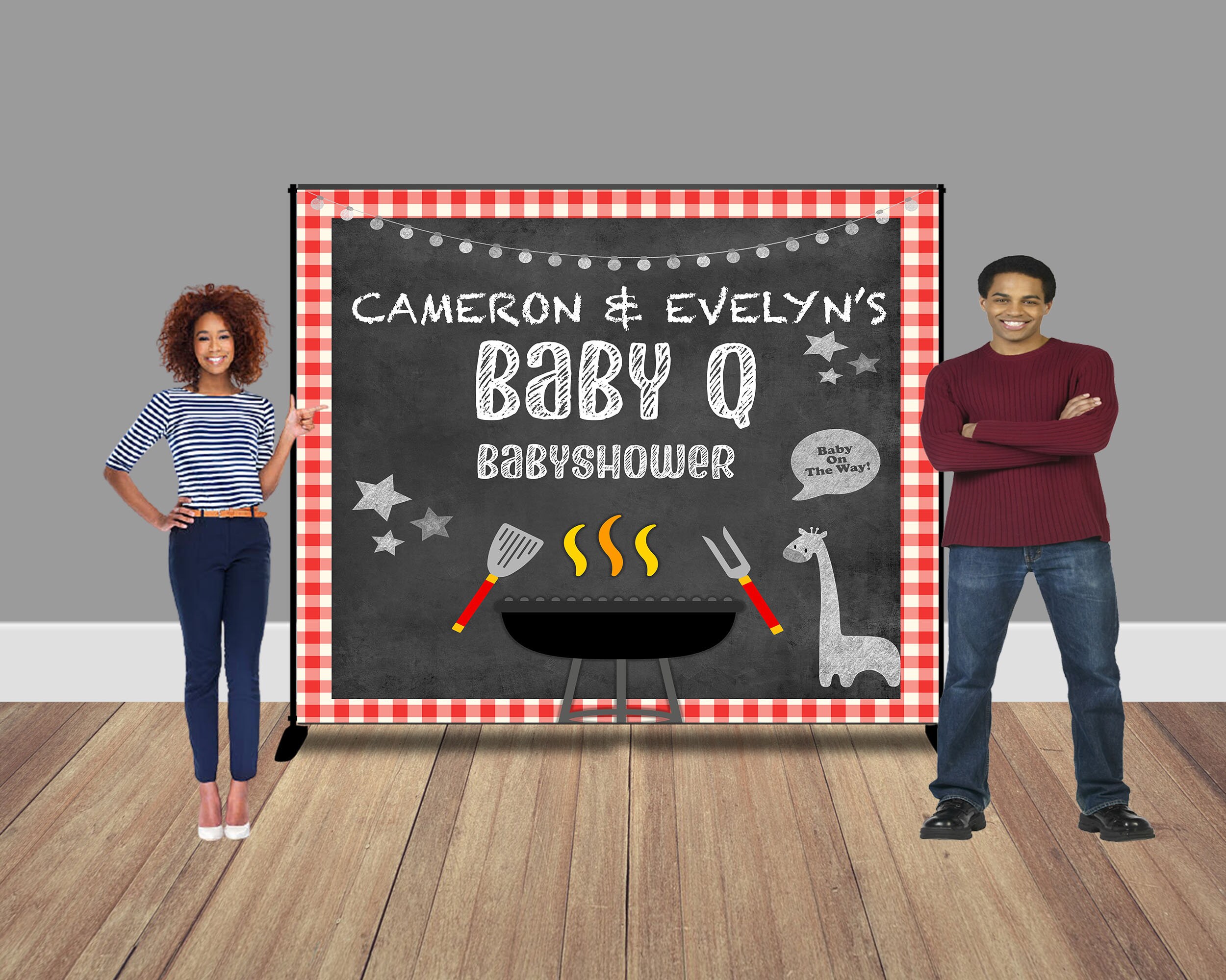 Baby Q Babyshower Backdrop, Red Gingham Baby Q Sign , Blue Gingham Baby ...