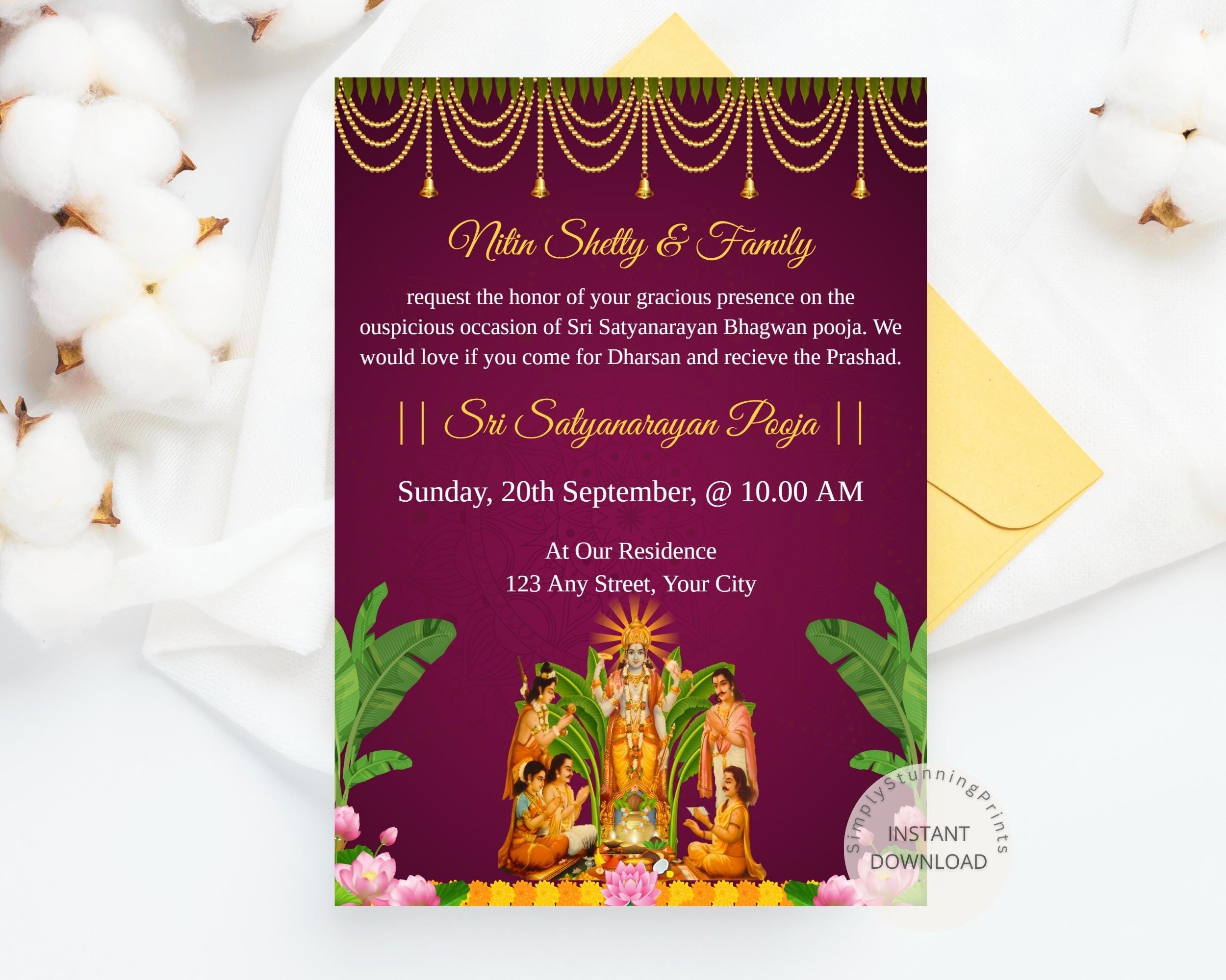 Satyanarayana Pooja Invitation: Editable Indian Puja Invite (digital ...