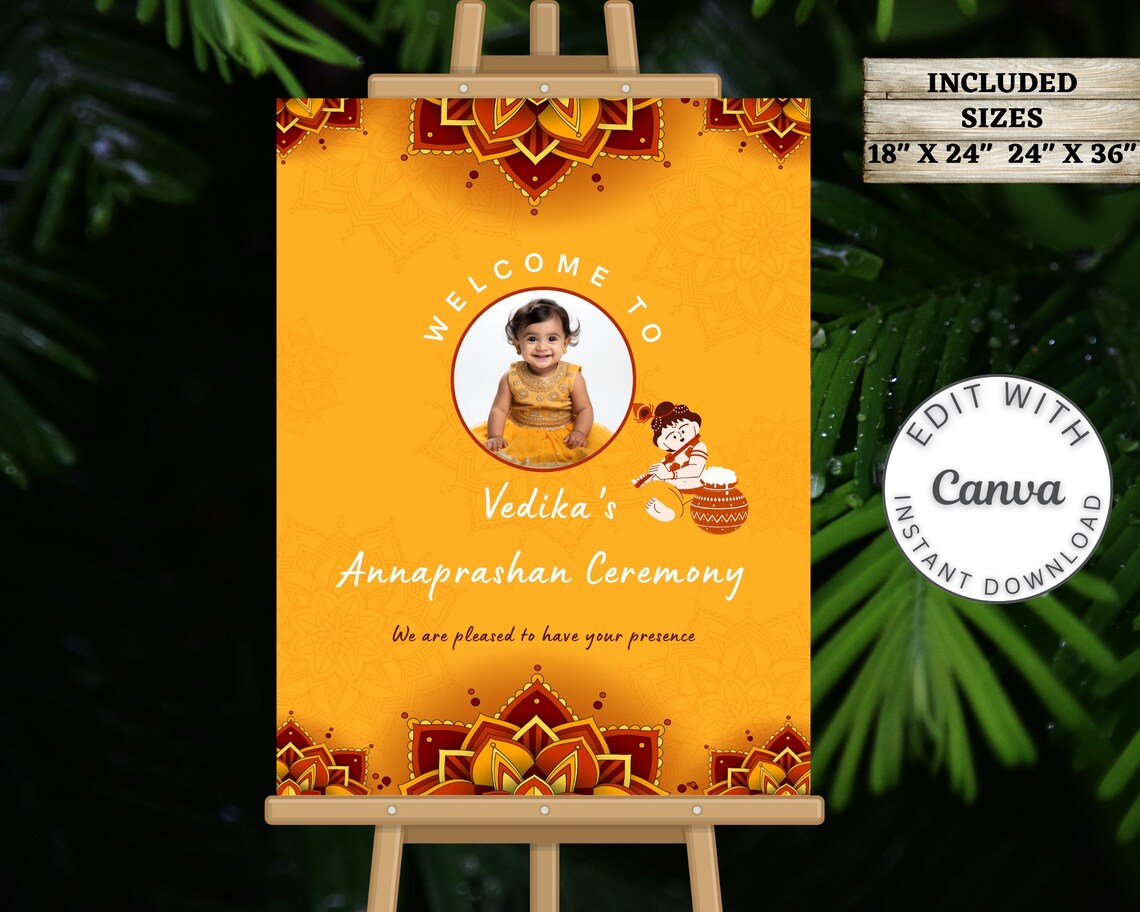 Annaprashan Welcome Sign First Rice Feeding Ceremony Sign Annaprashana Decor DIY Editable ...
