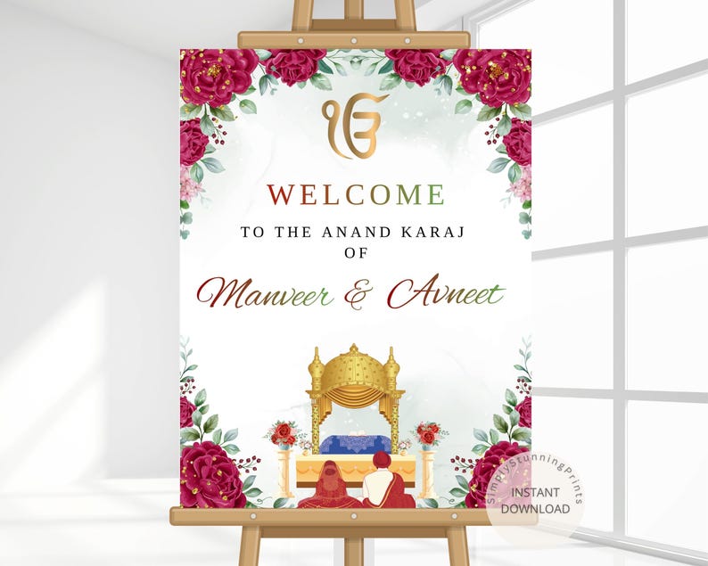 Floral Anand Karaj Welcome Sign: Sikh Wedding Decor (digital Download ...