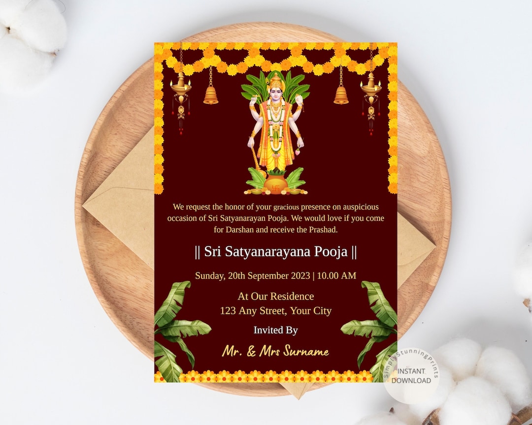 Sri Satyanarayana Pooja Invitation | Editable Satyanarayan Katha Invite ...