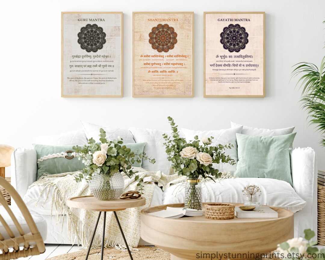 Set of 3 Mantra Wall Art Shanti Mantra, Gayatri Mantra, Guru Mantra ...