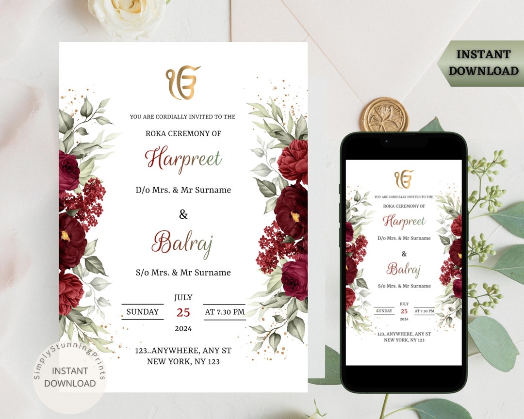 Indian Roka Ceremony Invitation Card Floral Engagement Invitation Rokha ...