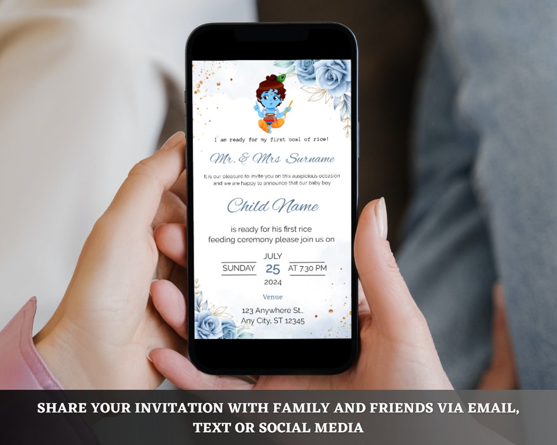 Rice Feeding Digital Invitation Card Boy Blue Floral Weaning Invitation ...