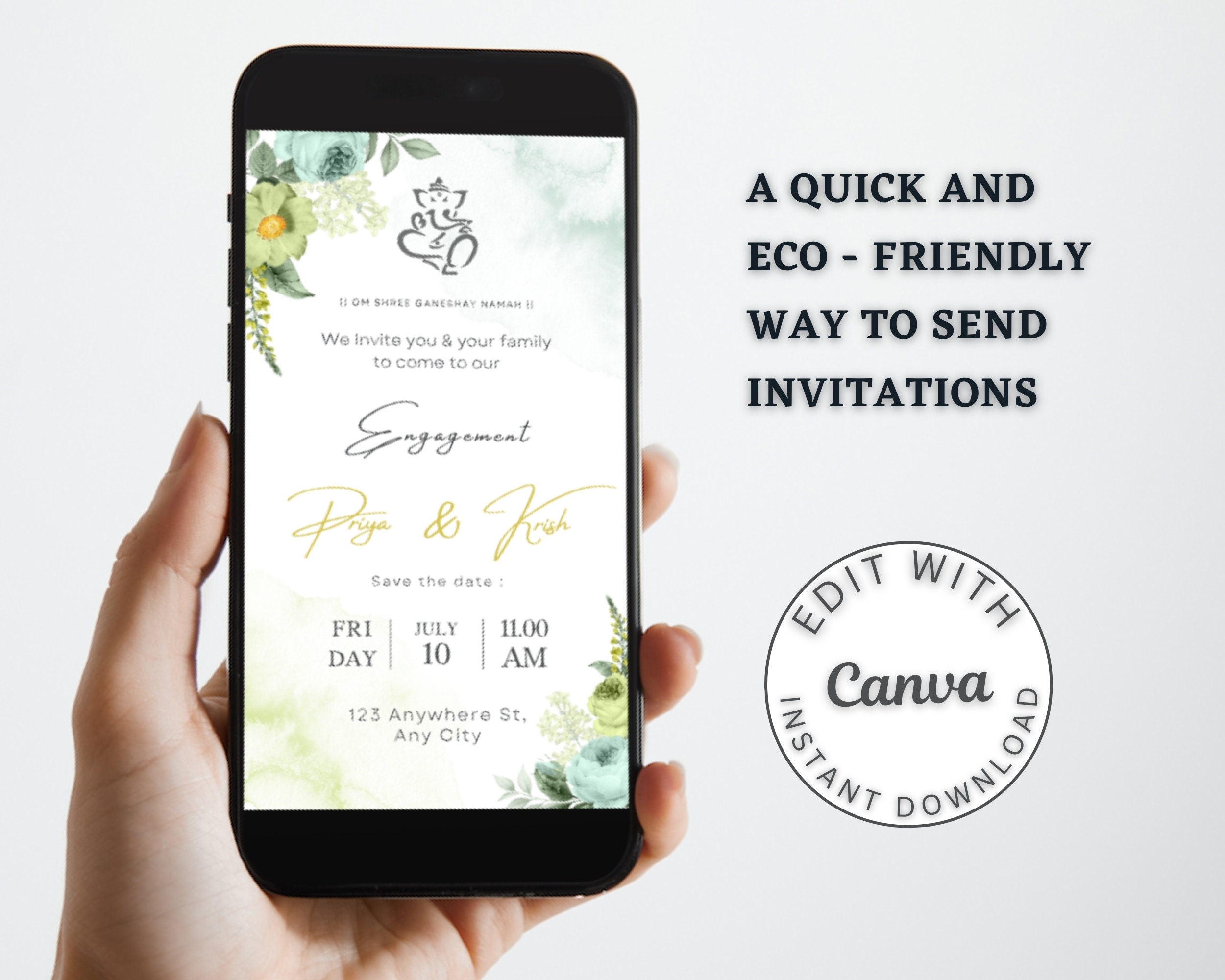 Indian Engagement Invitation Card Floral Engagement Party Invite Ring ...