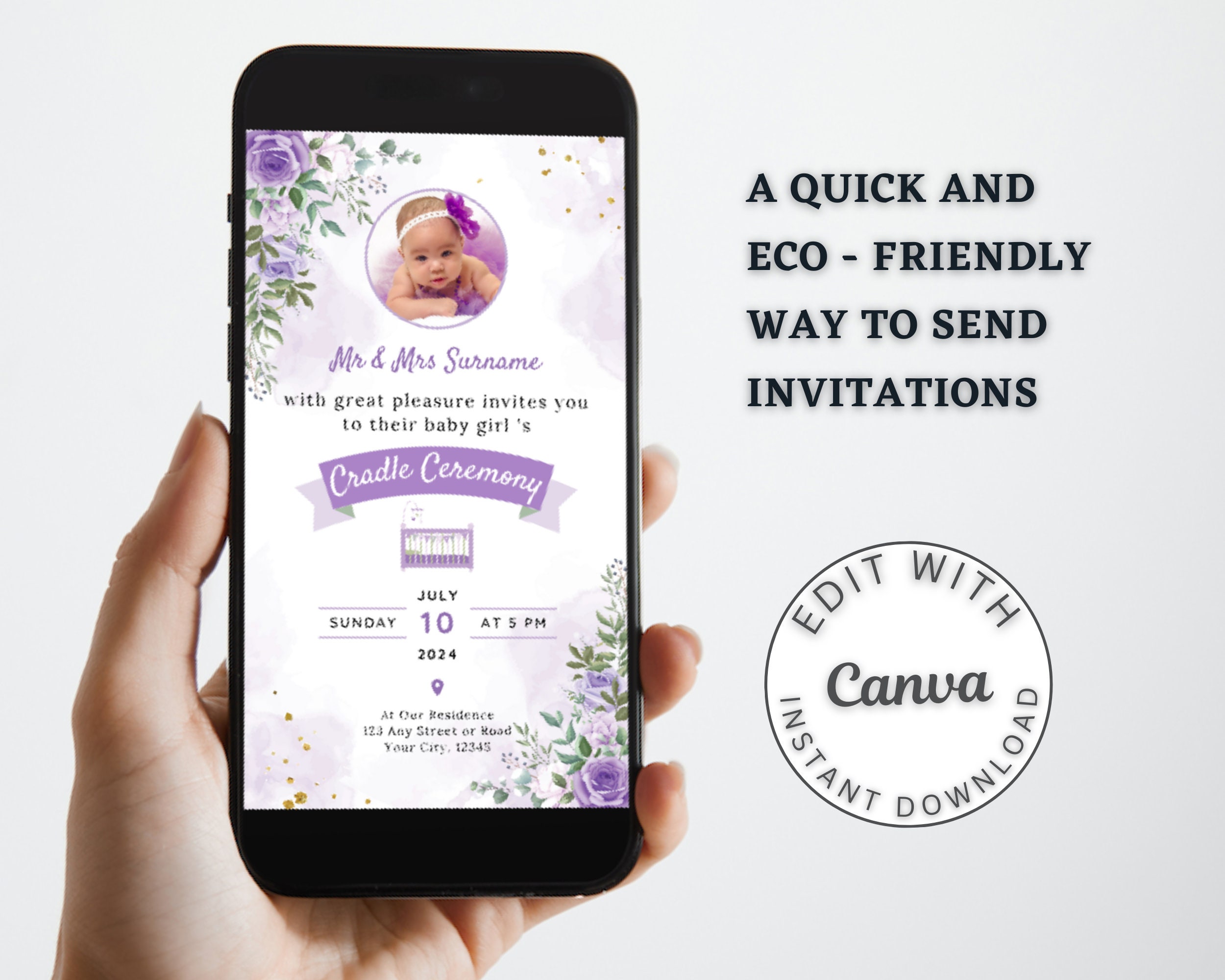 Cradle Ceremony Photo Invitation Card Naming Ceremony Invite Purple ...