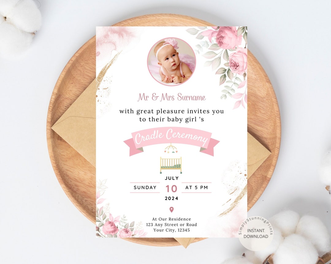 Pink Floral Baby Girl Cradle Ceremony Invitation | Naming Invitation ...