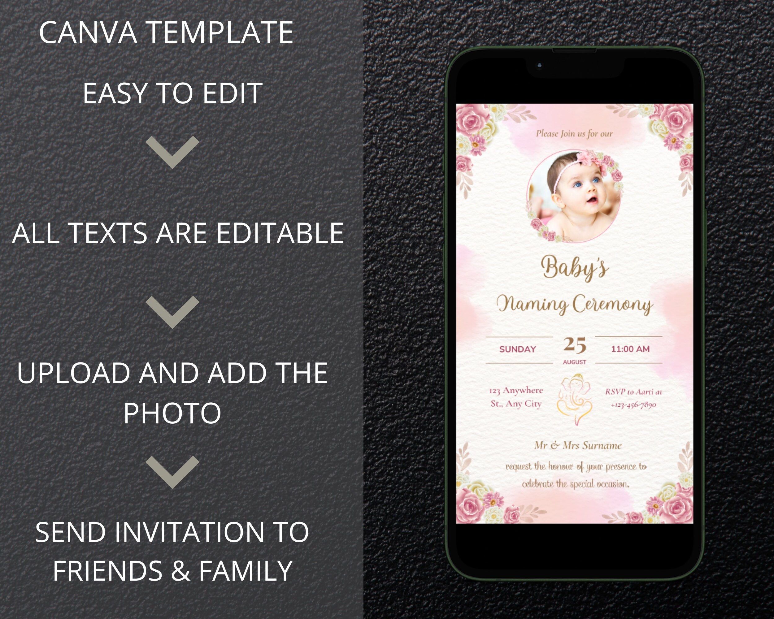 Editable Baby Naming Photo Invitation: Canva Template (digital Download ...