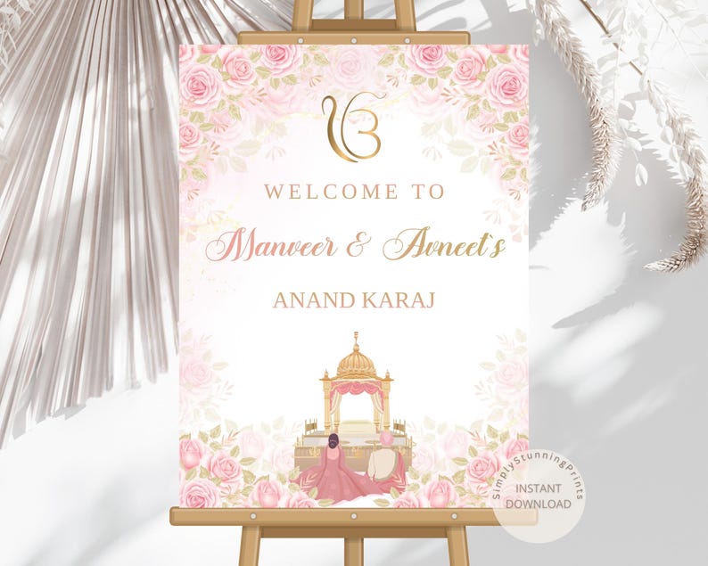 Pink Floral Anand Karaj Welcome Sign: Watercolour Punjabi Wedding Decor ...