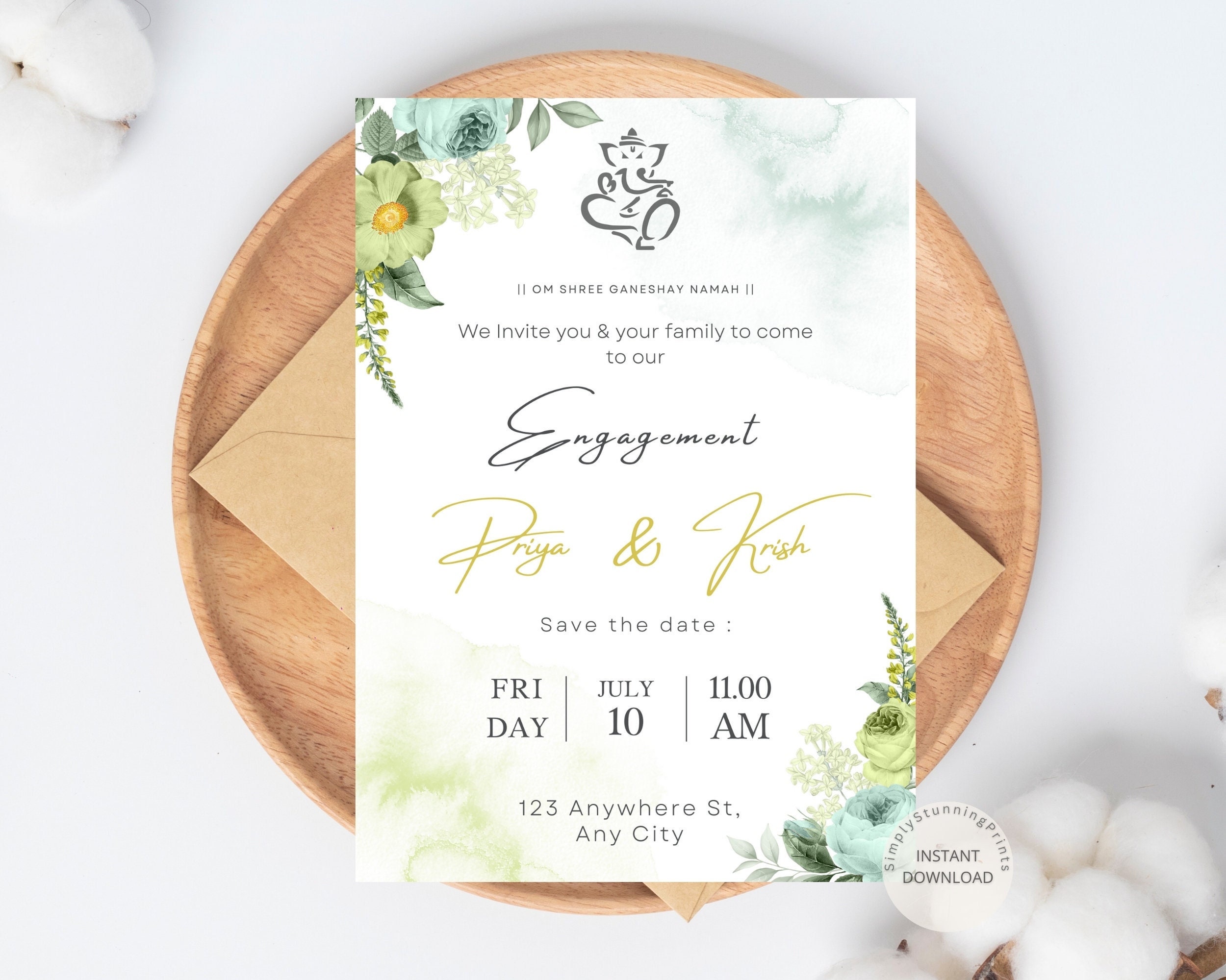 Indian Engagement Invitation Card Floral Engagement Party Invite Ring ...